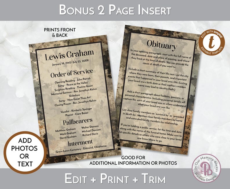 Camouflage Funeral Program Template, Memorial Service Bulletin for ...