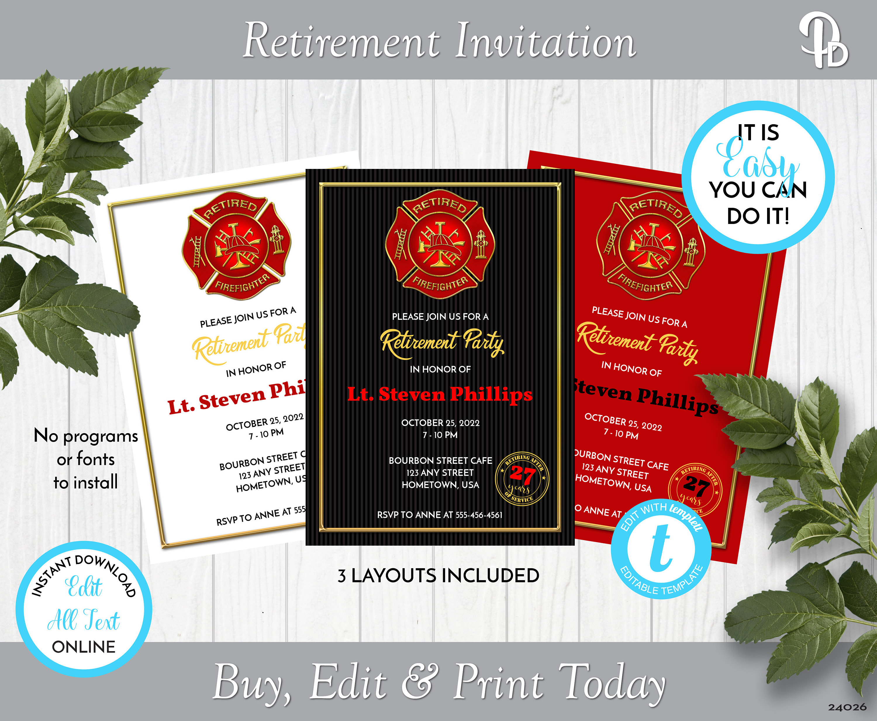 Firefighter Retirement Invitation Templates Fireman Centerpiece