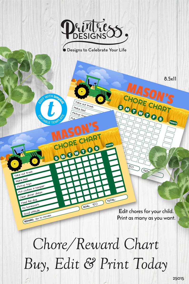 Tractor Children's Chore Chart Editable Reward Chart | Etsy
