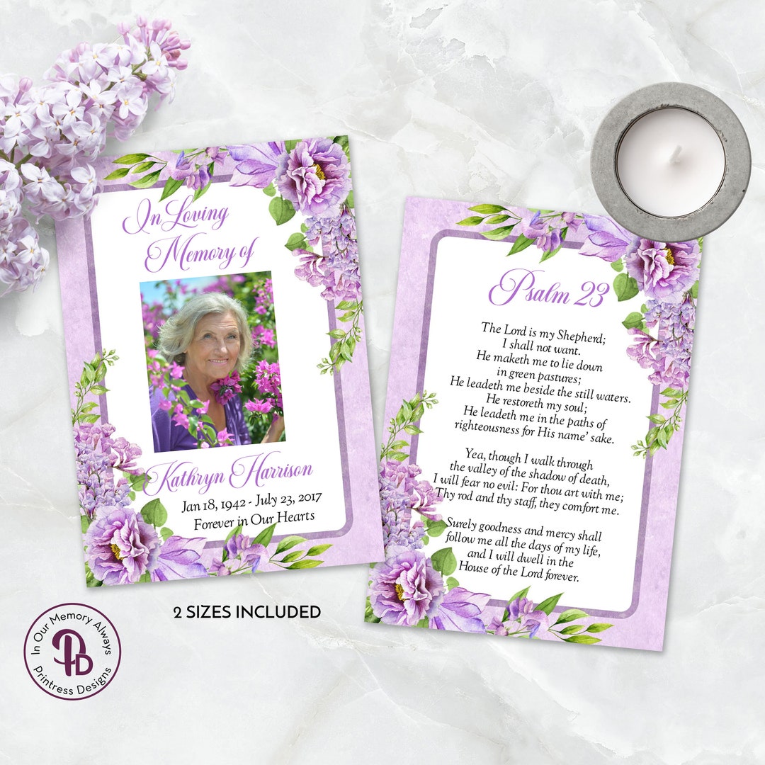 Violet Floral Funeral Keepsake Prayer Card, Memorial Favor, Celebration ...