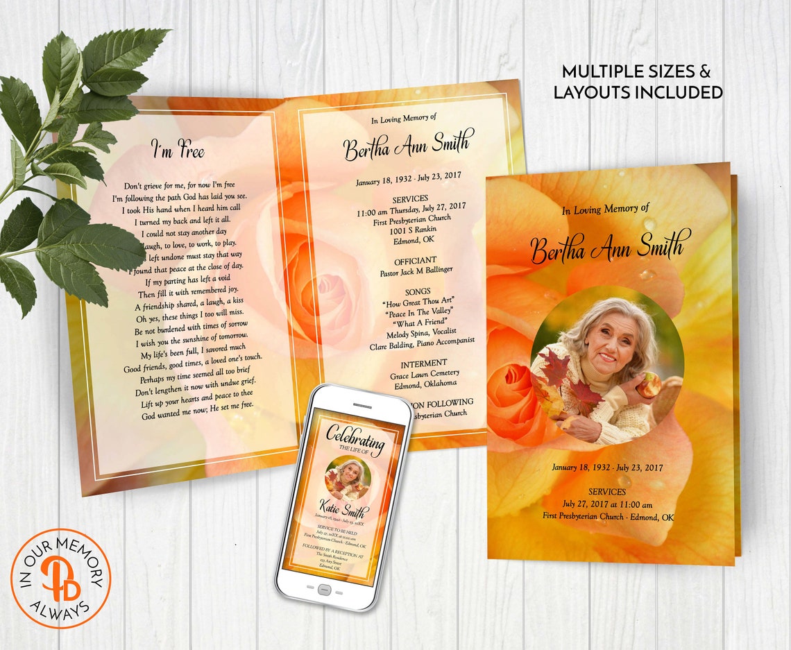 Orange Rose Funeral Program Template Obituary/order of - Etsy