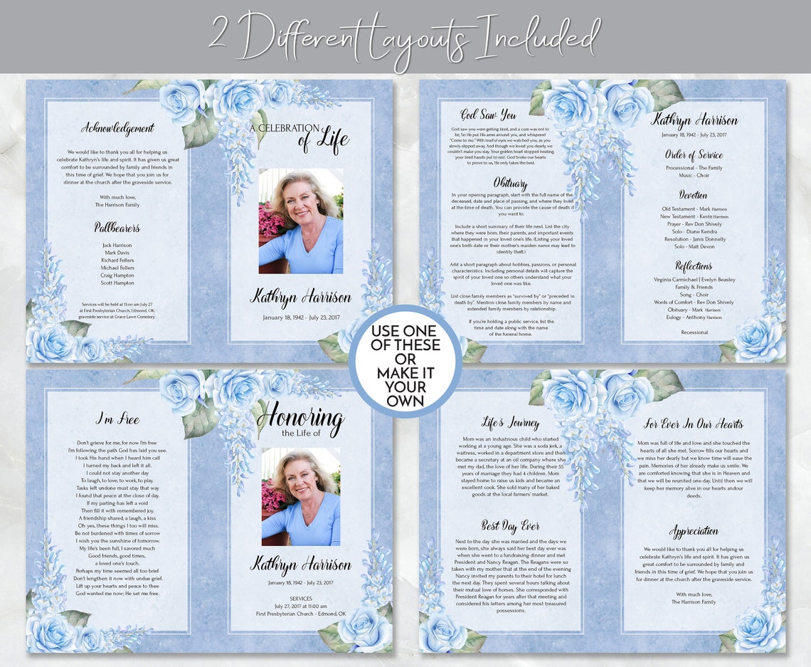 Blue Roses Funeral Program Template, Obituary/order of Service Template ...