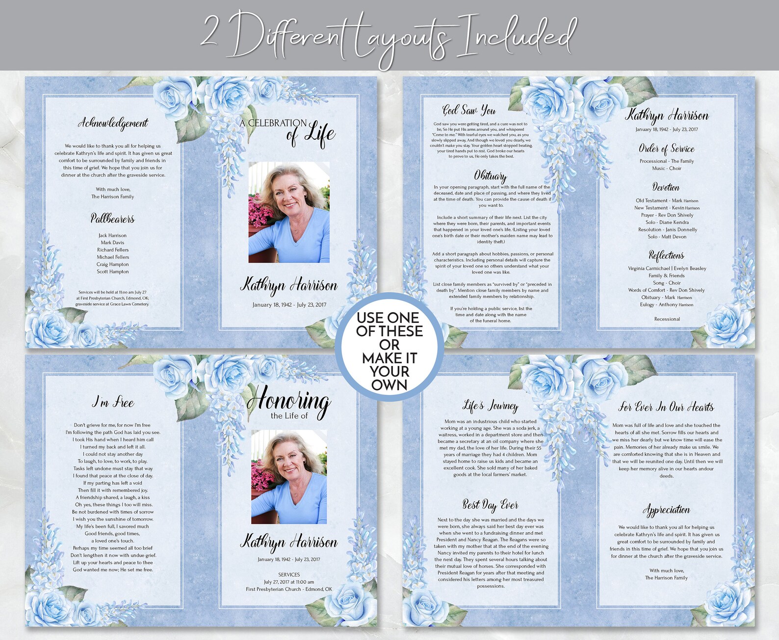Blue Roses Funeral Program Template, Obituary/order of Service Template ...