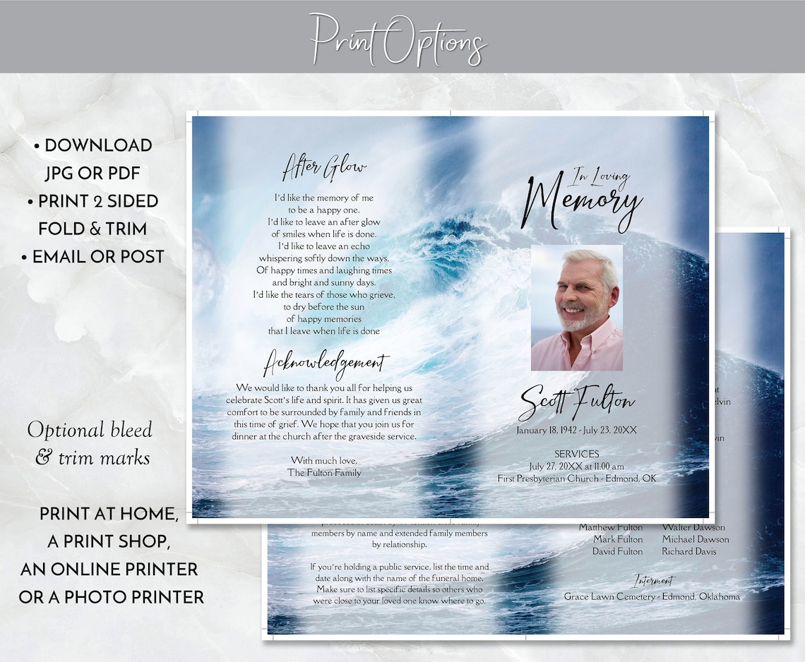 Surfer's Funeral Program Obituary Template Ocean Wave | Etsy