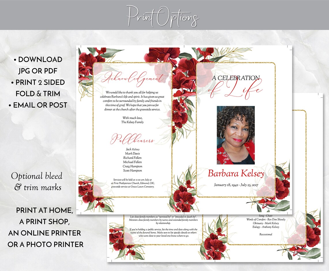 Red and Gold Floral Funeral Program Template Obituary/order | Etsy