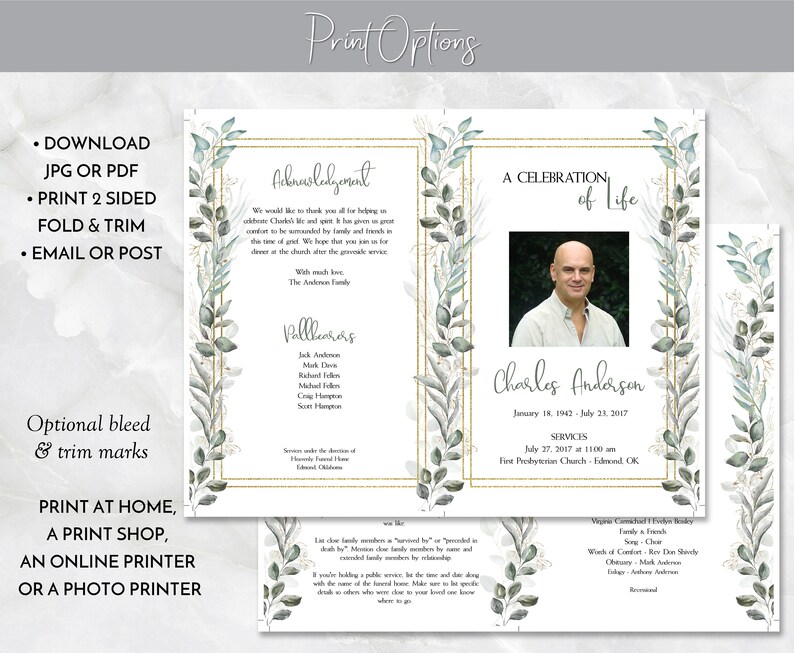 Greenery Border Funeral Program Obituary Template - Etsy