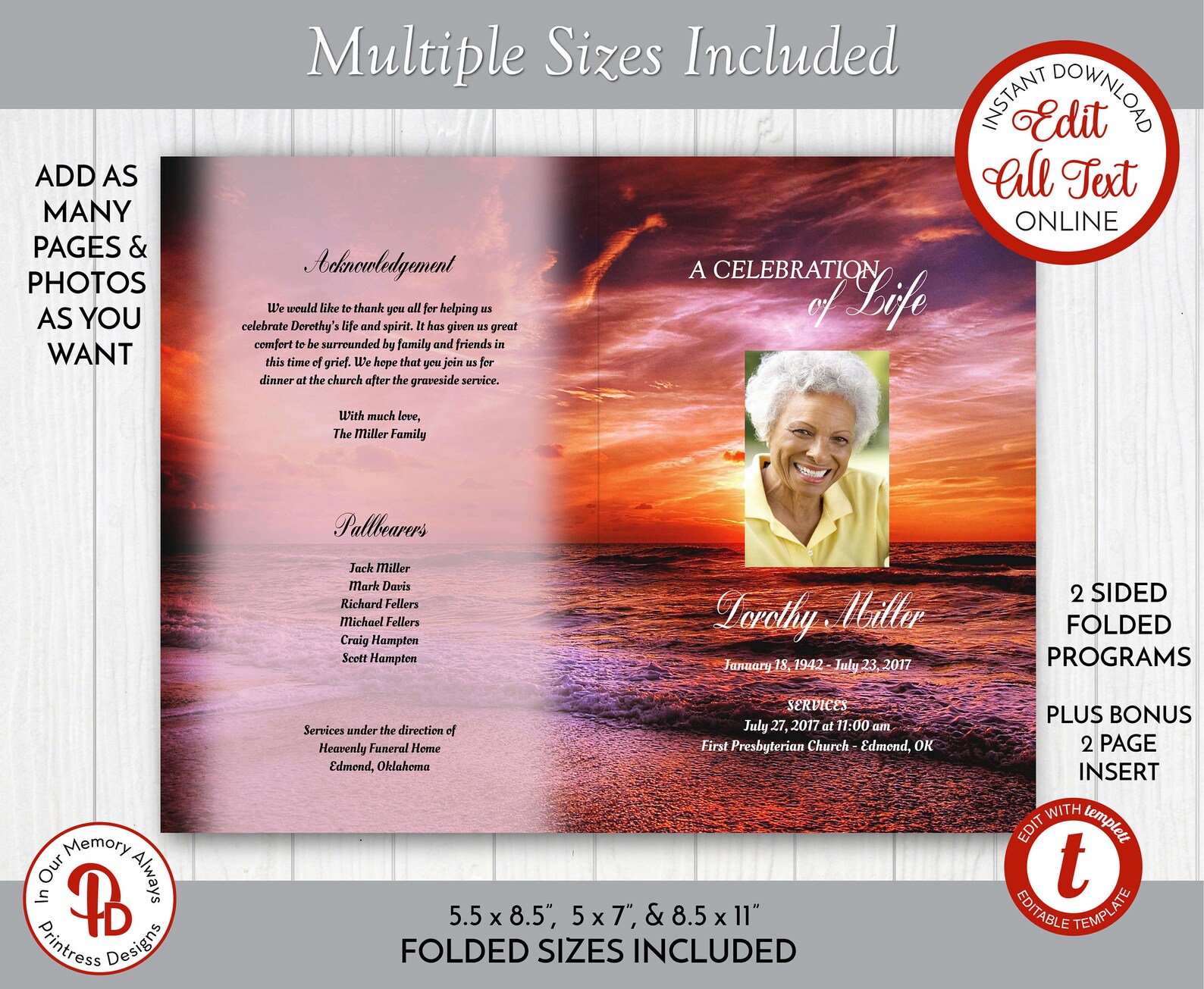 Ocean Sunset Funeral Program Template, Obituary/order of Service ...