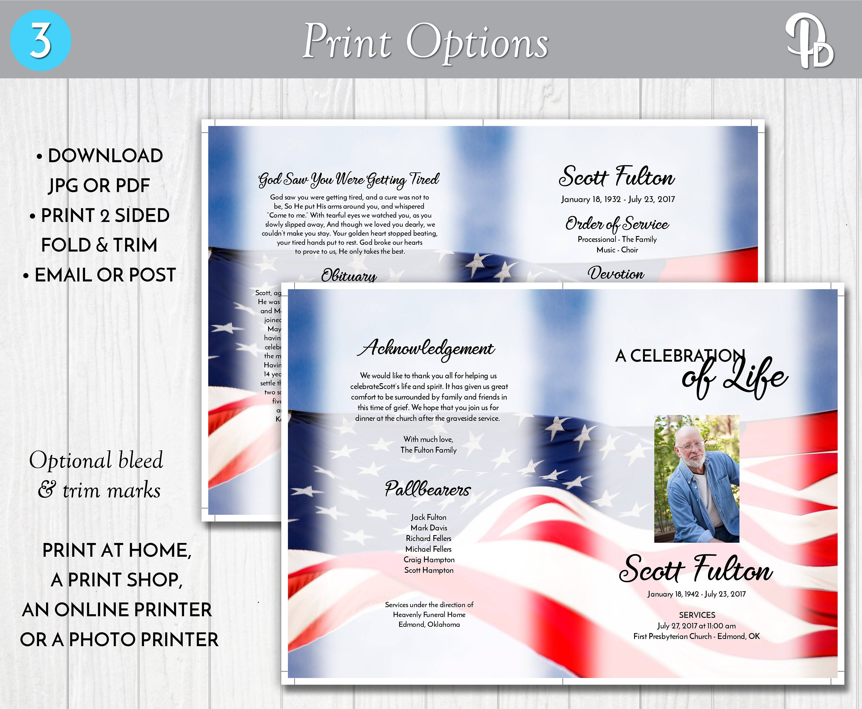 Waving Flag Funeral Program Template Patriotic Obituary/Order | Etsy