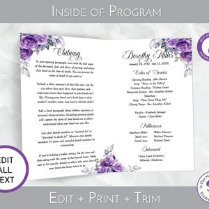 Purple Roses Funeral Program Template, Obituary Template, Lavender ...