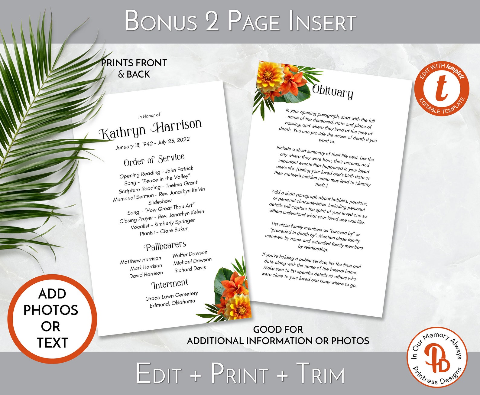 Tropical Floral Funeral Program Template, Celebration of Life Memorial ...
