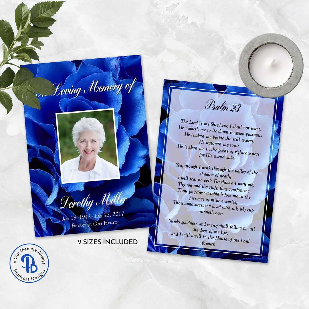 Blue Roses Funeral Keepsake Prayer Card, Memorial Favor, Celebration of ...