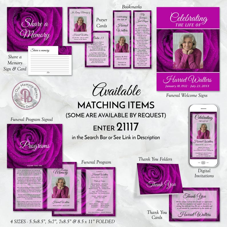Fuchsia Rose Funeral Program Template, Editable Bi-fold Memorial ...