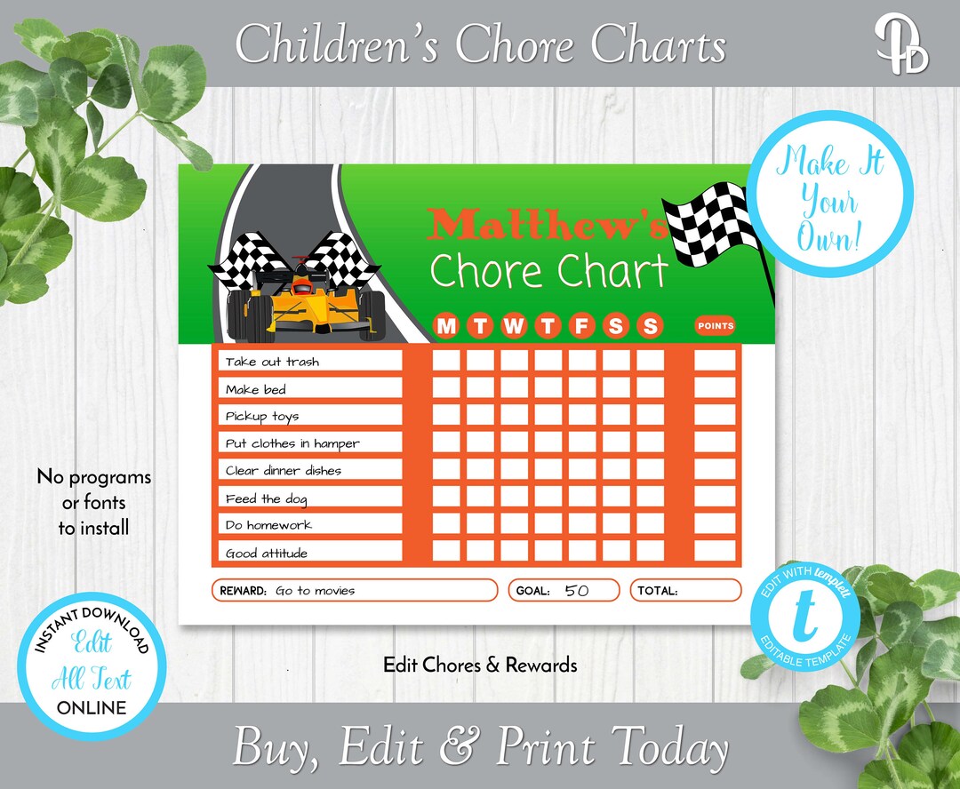 Race Car Children's Chore Chart, Editable Reward Chart, Printable Kid's ...