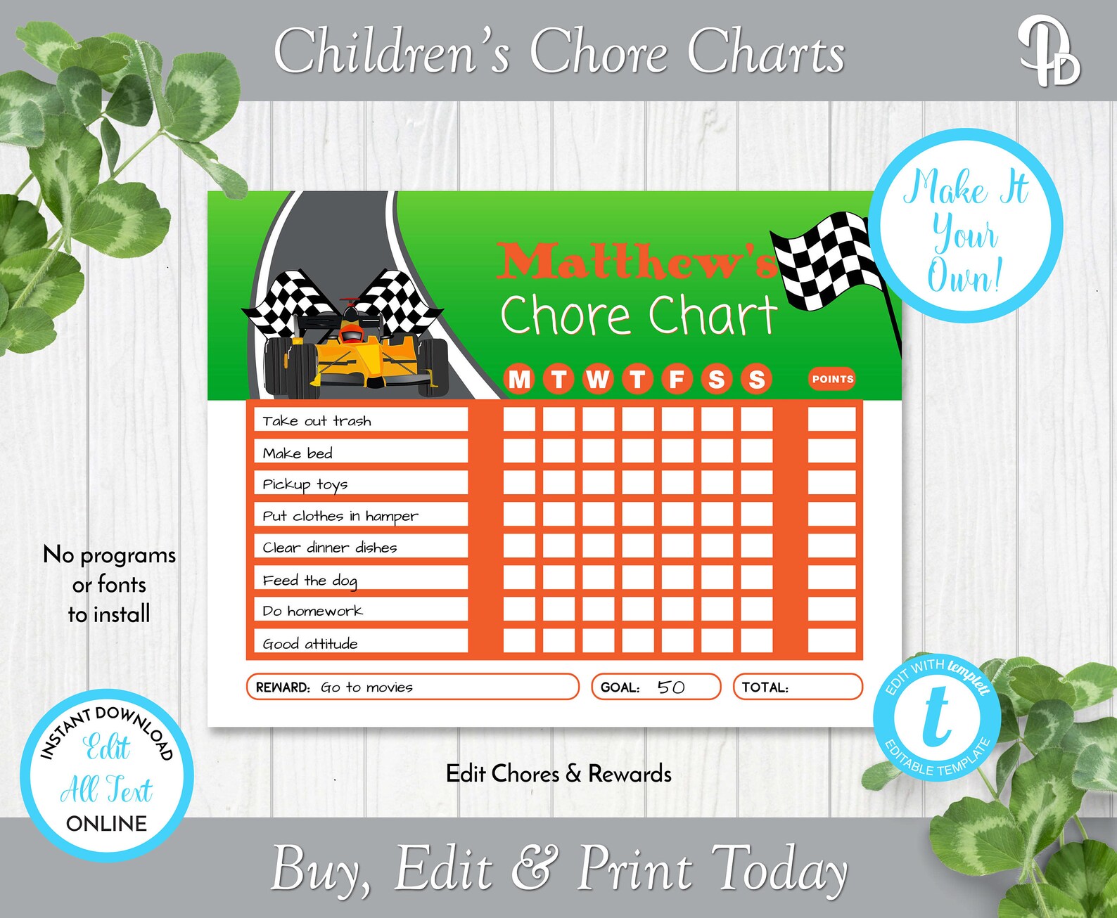 Race Car Children's Chore Chart Editable Reward Chart - Etsy