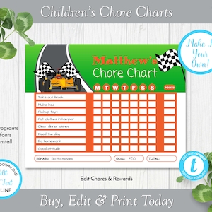 Race Car Children's Chore Chart, Editable Reward Chart, Printable Kid's ...
