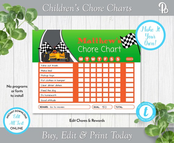 Race Car Children's Chore Chart Editable Reward Chart - Etsy