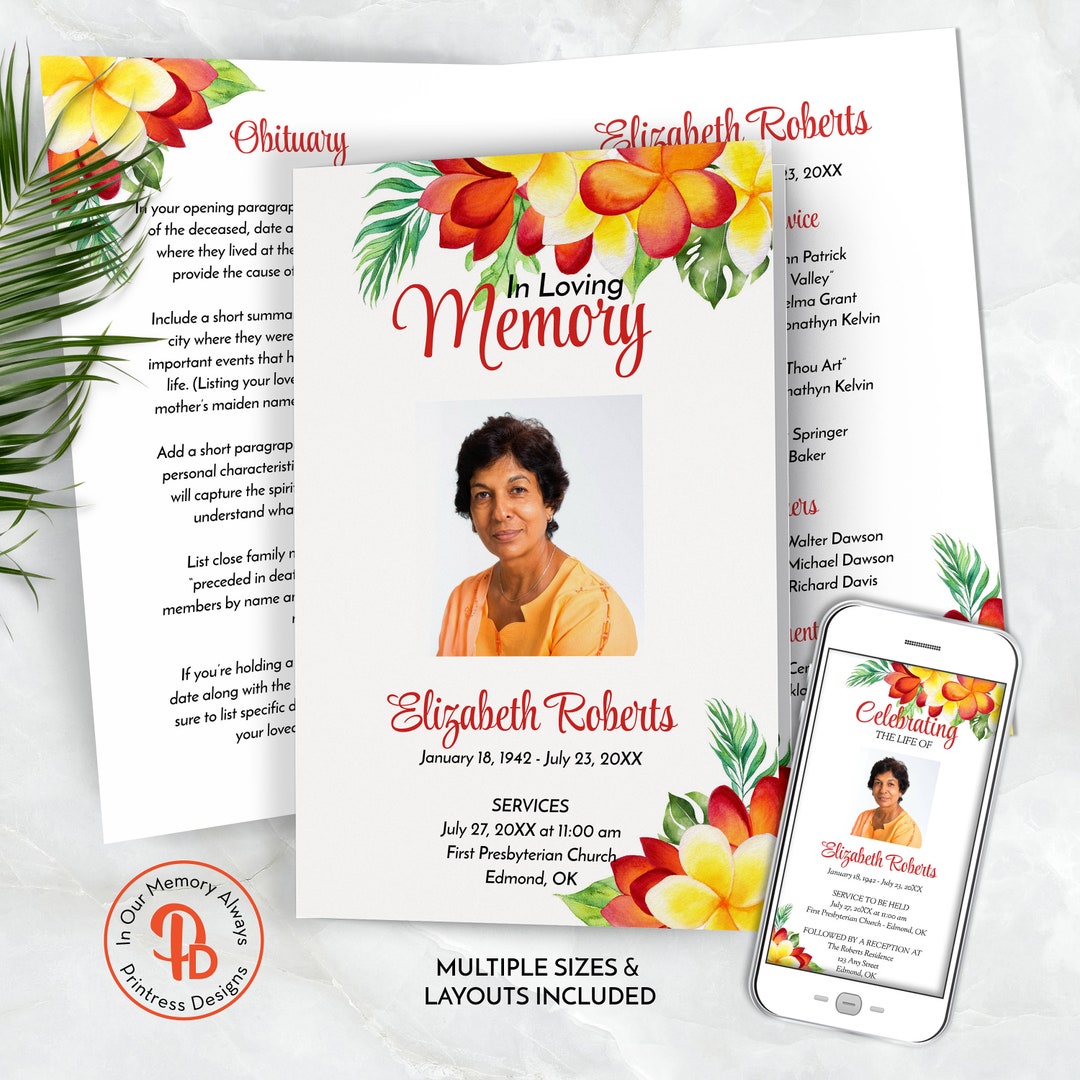 Tropical Floral Funeral Program, Obituary Template, Celebration of Life ...