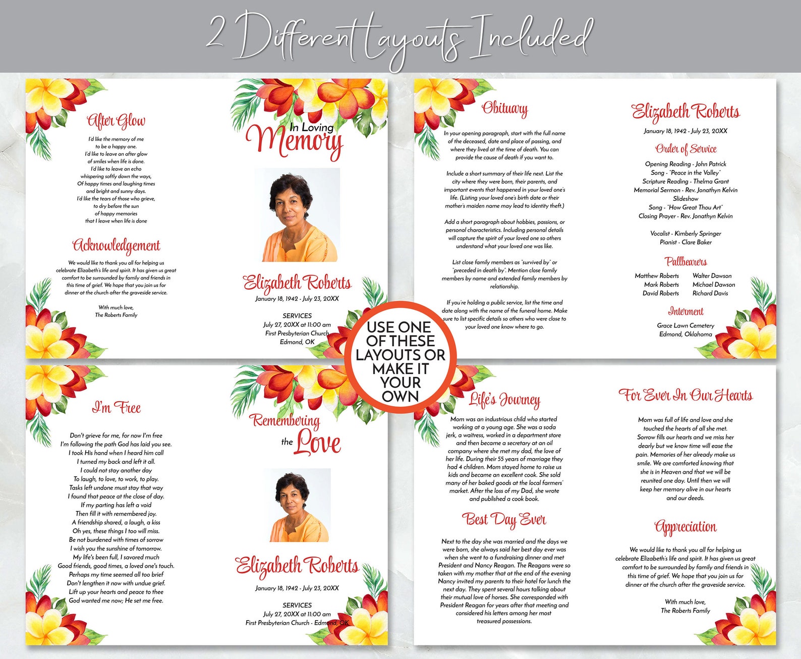 Tropical Floral Funeral Program, Obituary Template, Celebration of Life ...