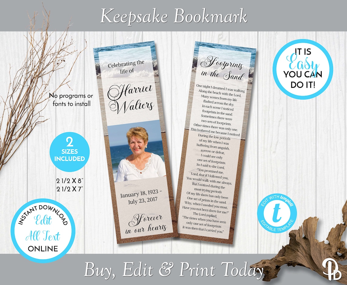 Footprints in the Sand Printable Funeral Bookmark Template - Etsy