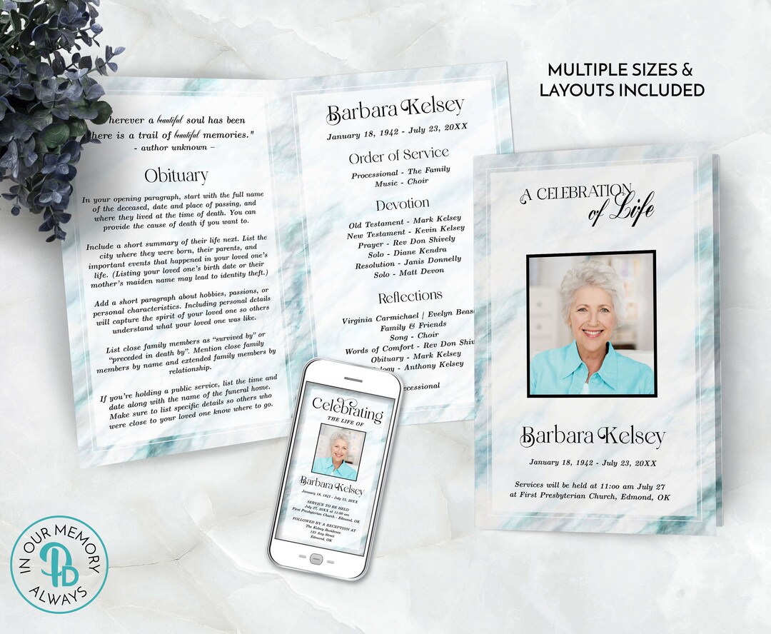 Teal Marble Funeral Program Template Obituary-order of - Etsy