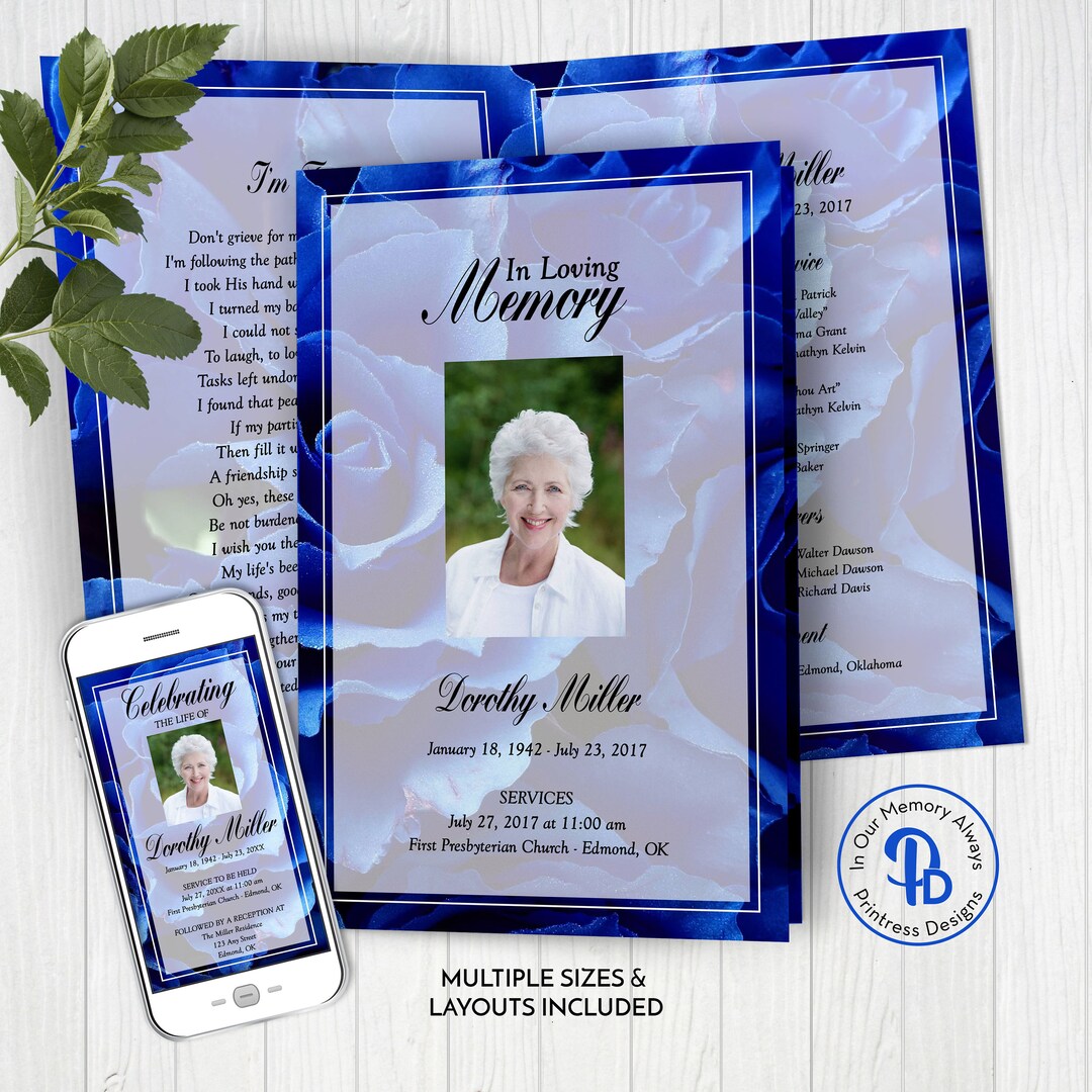 Blue Roses Funeral Program Template, Obituary/order of Service Template ...