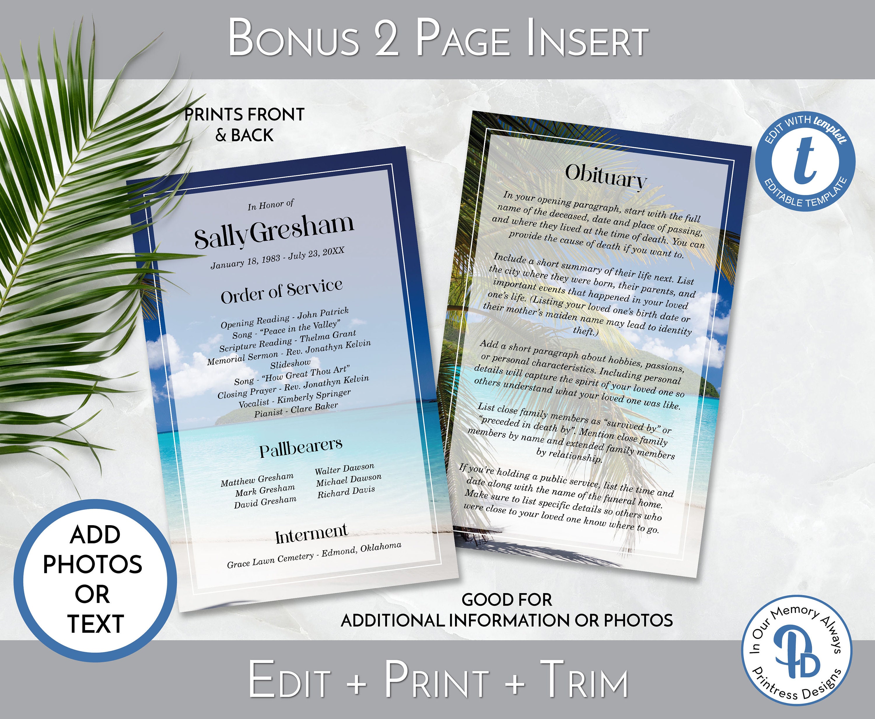 Tropical Beach Funeral Program Template, Celebration of Life Memorial ...