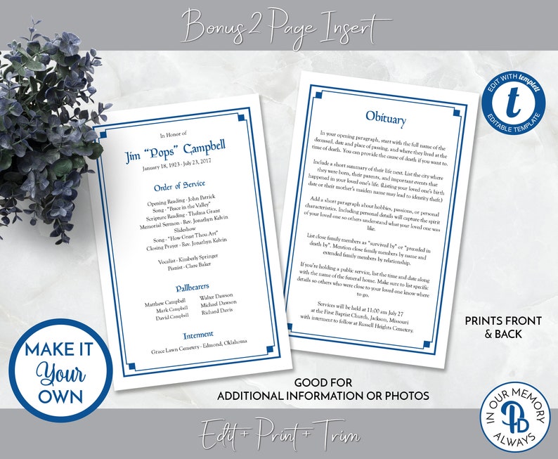 Simple Classic Funeral Program Obituary Template Celebration - Etsy