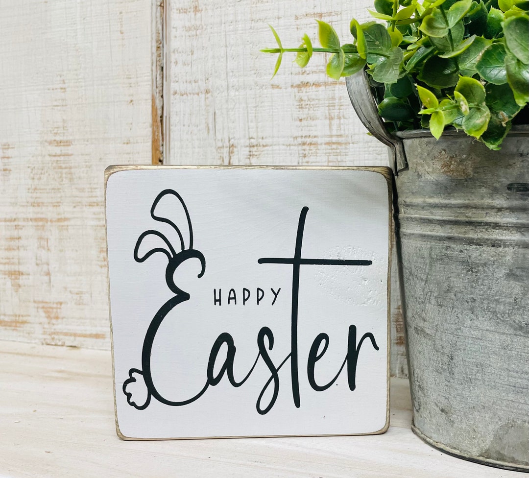 Happy Easter Wood Sign, Bunny Rabbit Ears, Religious Cross, Holiday ...
