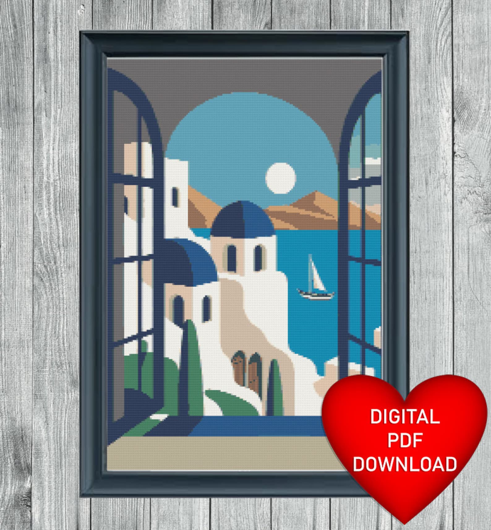 Cross Stitch Pattern, Santorini Island, Instant PDF Download, 14ct Aida ...