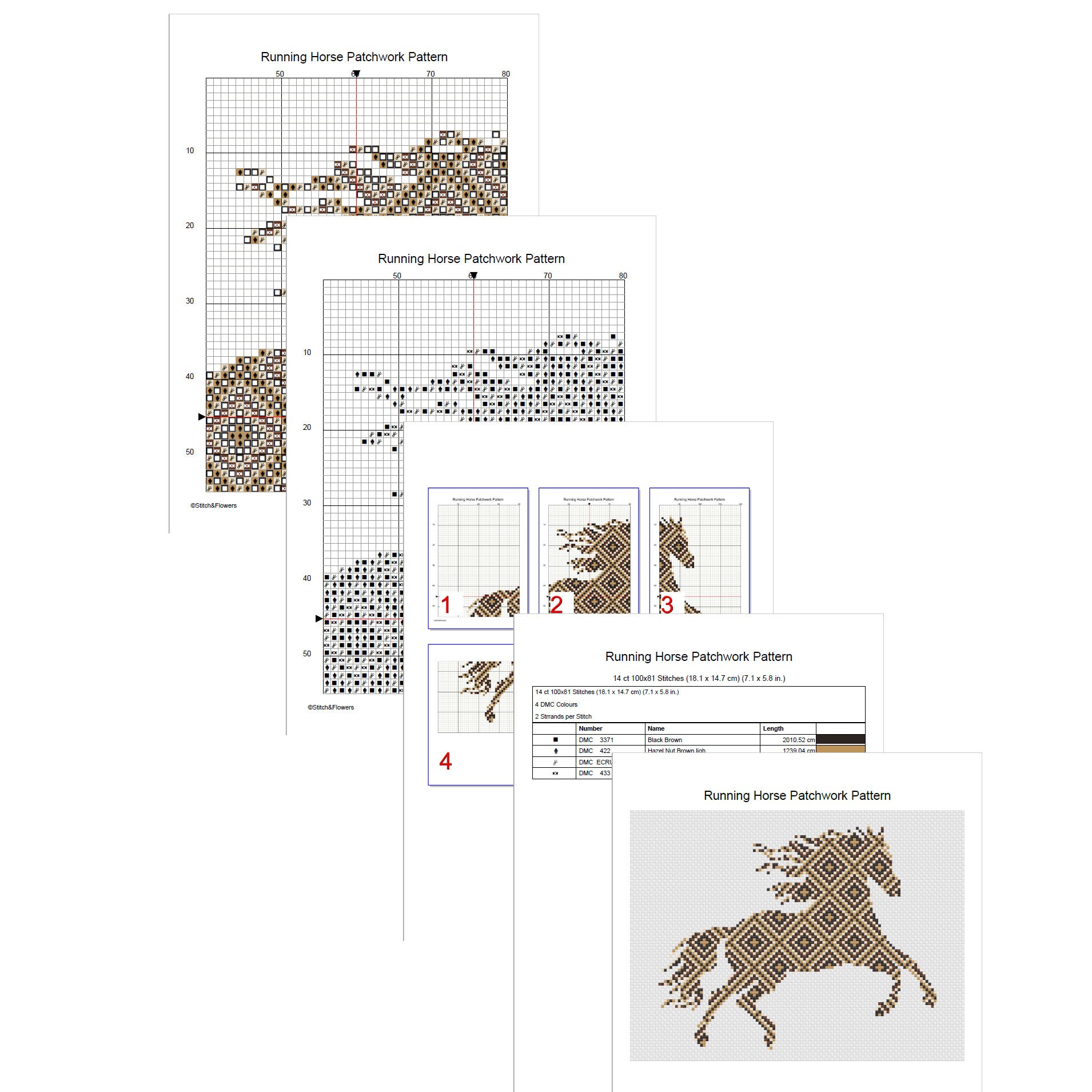 Brown Running Horse Patchwork Style Cross Stitch Pattern, Instant PDF ...