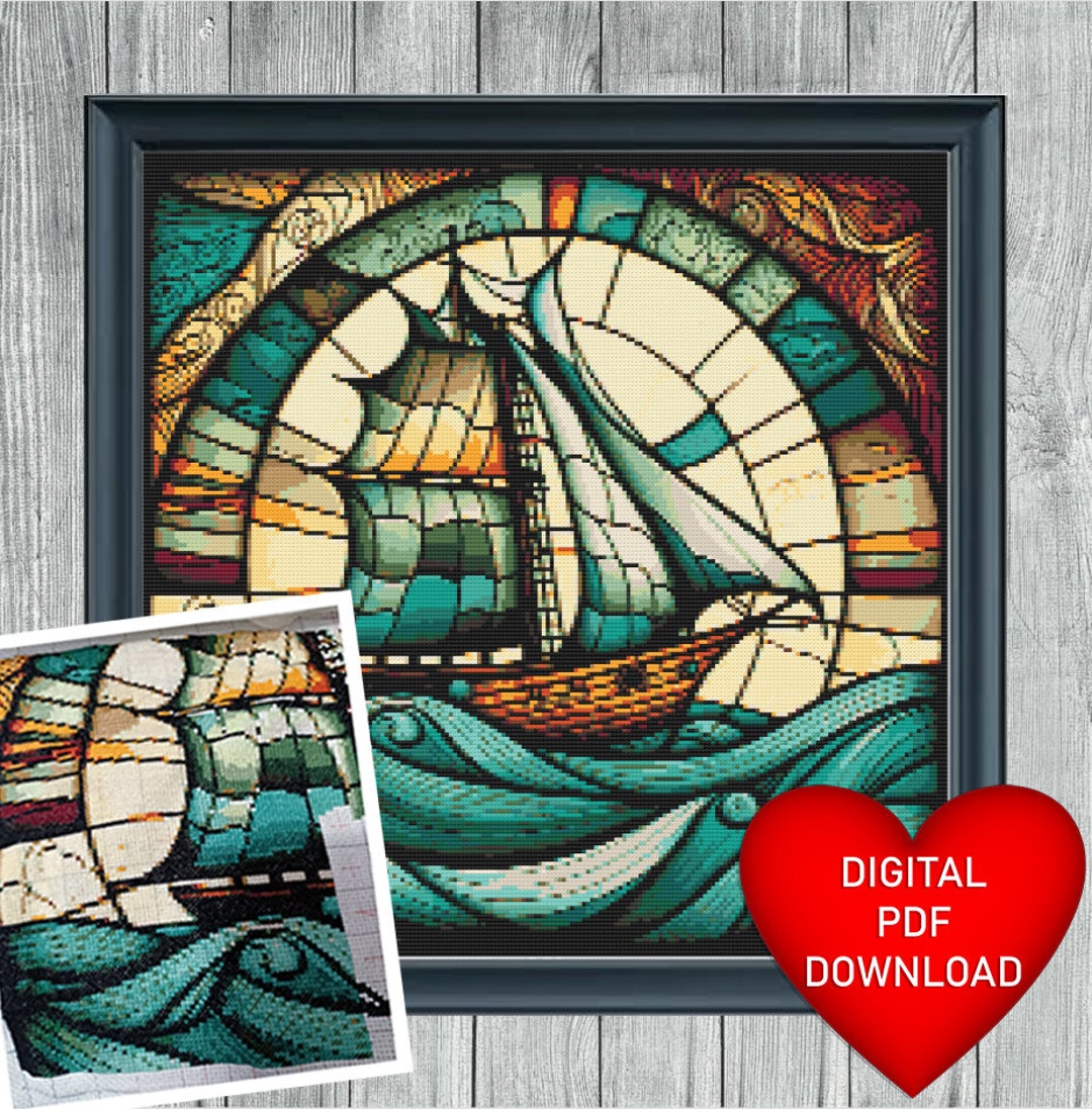 Cross Stitch Pattern Ship at Sea Stained Glass Window Art, Instant PDF ...
