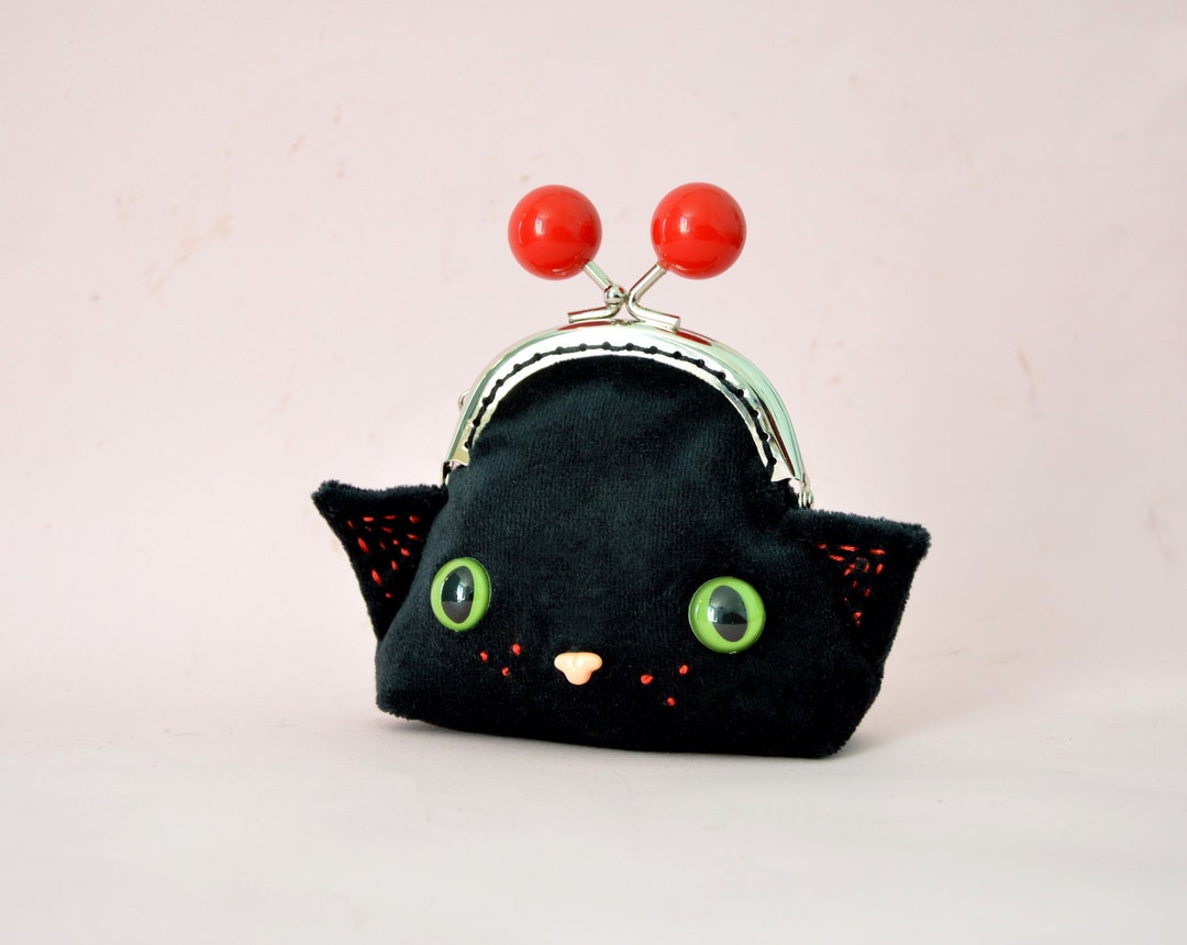 Black Cat-shaped Click-clack Coin Purse - Velvet and Upcycled Fabrics ...