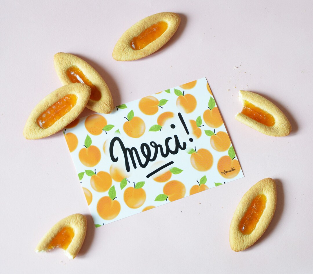 Merci ! Post Card With All Over Apricots Background . French Post Card ...