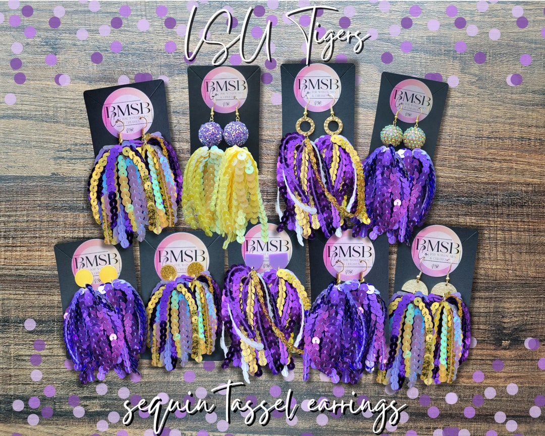 LSU Tiger Game Day Sequin Tassel Earrings Purple, Gold and White ...