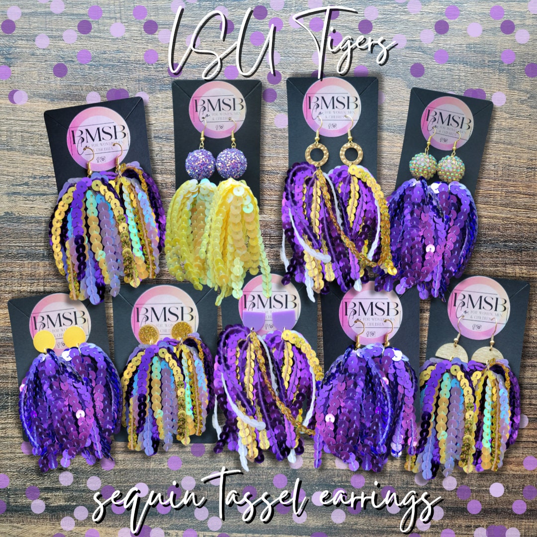LSU Tiger Game Day Sequin Tassel Earrings Purple, Gold and White ...