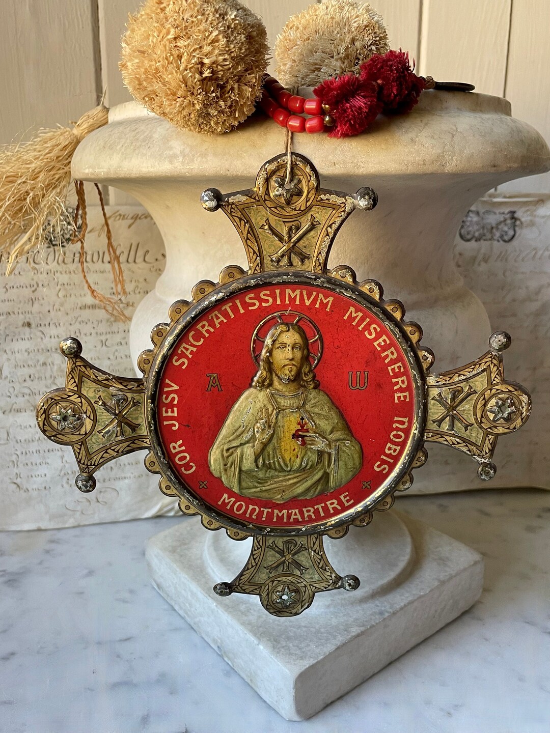 Antique French Religious Cross-shaped Tin Litho Plaque, Circa Early ...