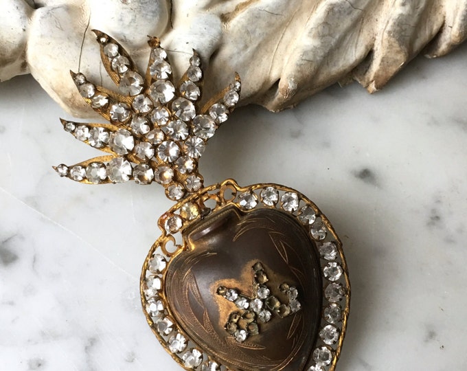 Authentic 1800s Antique French Paste Flaming Heart Reliquary, Sacred ...