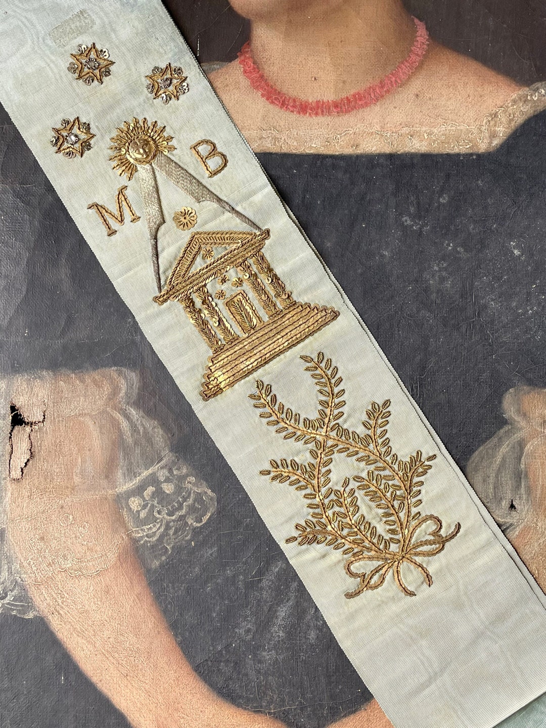 1800s Antique Masonic Collar Sash With Metal Embroidery, 19th Century ...