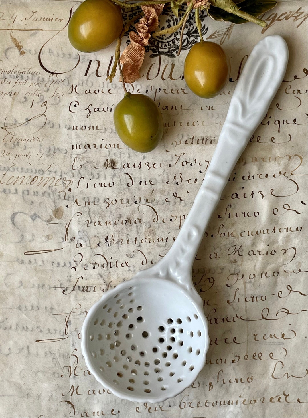 1700s Antique French Faience Straining Spoon, 18th Century White French ...