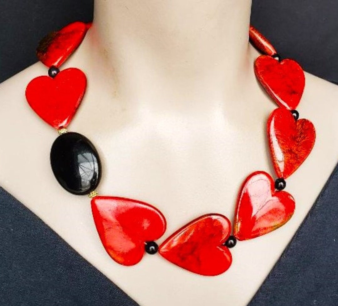 Red Heart Necklace Valentine Jewelry Asymmetric Big Bold Chunky ...
