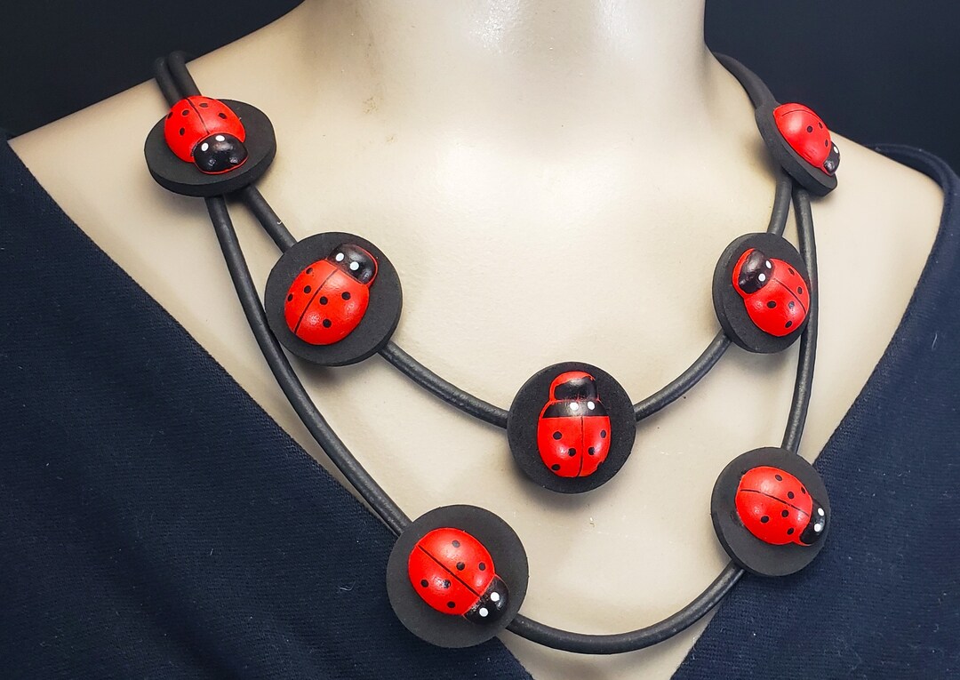 Rubber Necklace, Ladybug, Red Lady Bug, Black Rubber, Multistrand ...