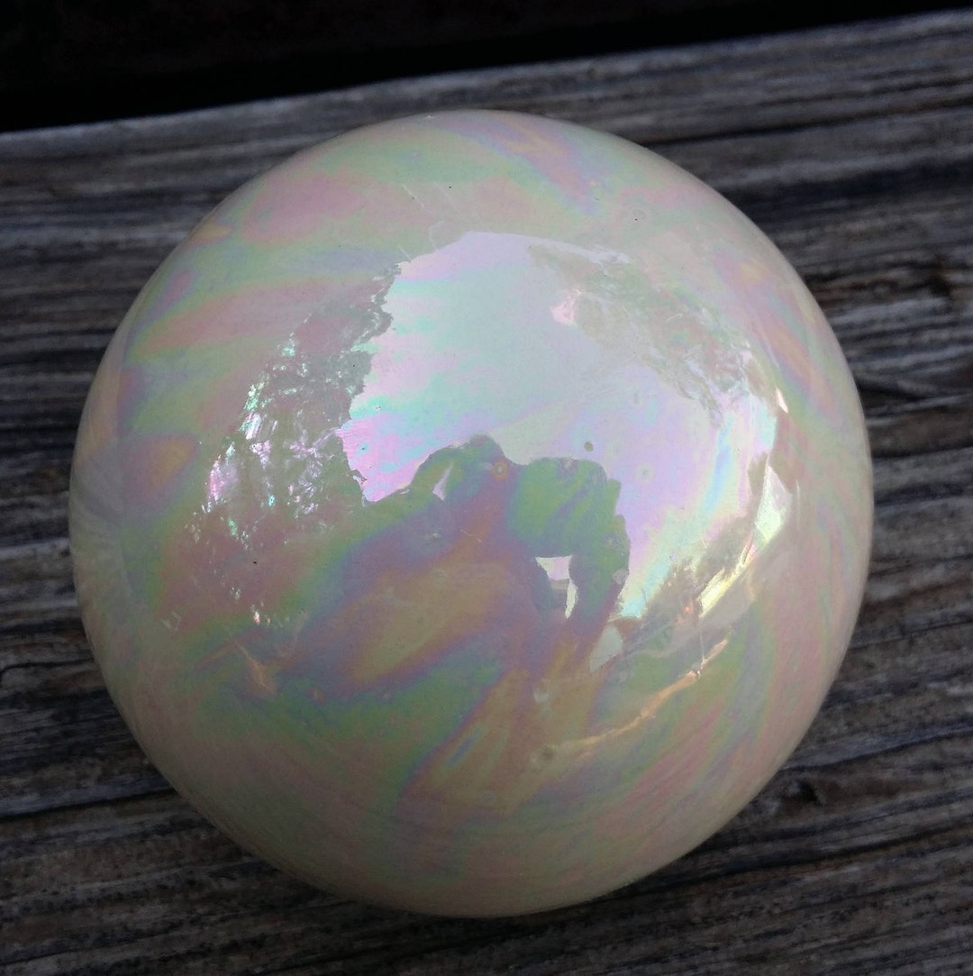 Small Mother of Pearl Gazing Ball, Garden Decor, Handmade, Glazed White ...