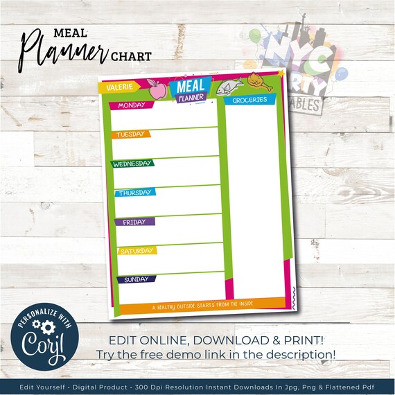 Editable Weekly Meal Planner with Grocery List Printable Template, Fill ...