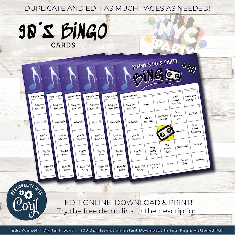 Editable 90's Music Bingo Game: Custom Party Games (digital Download ...