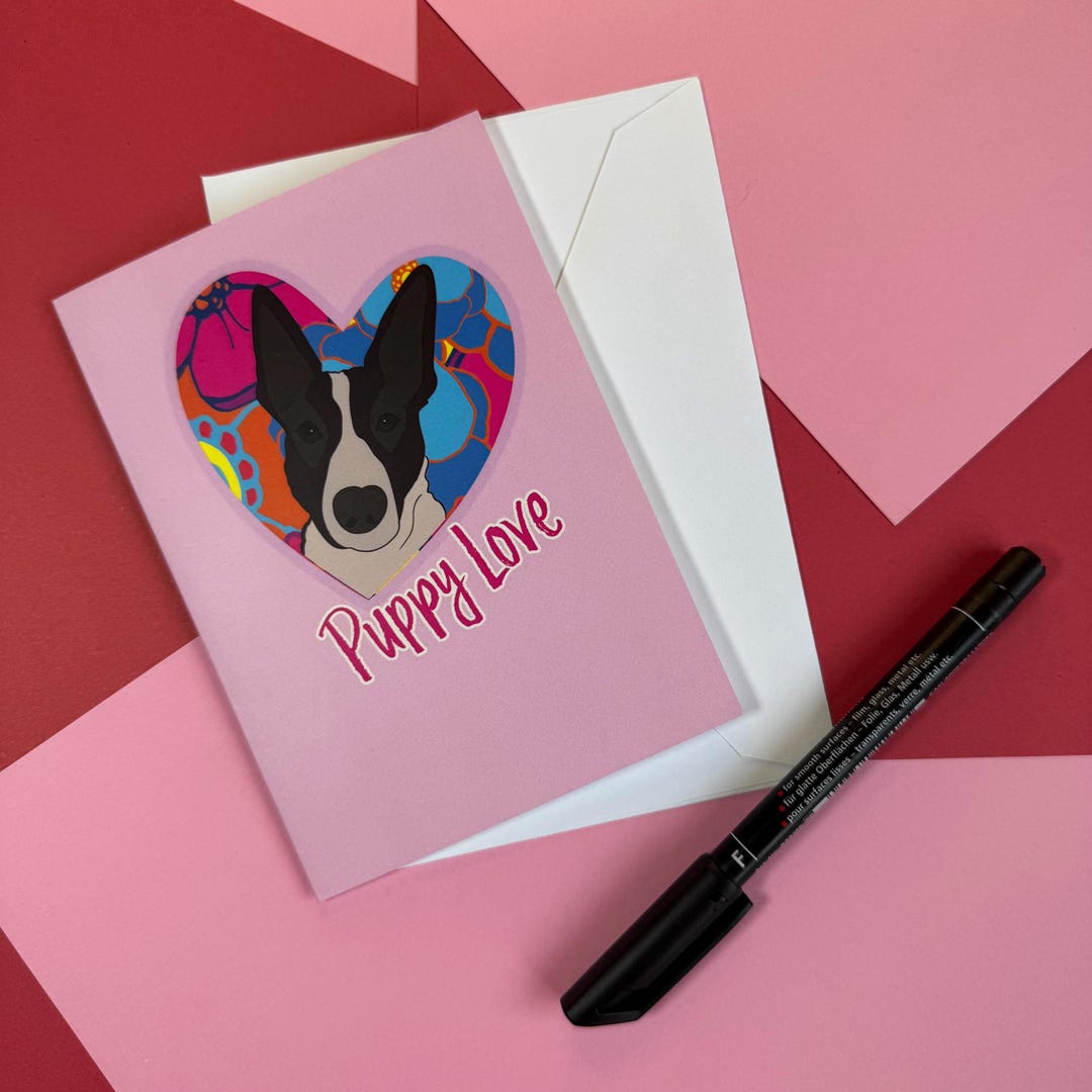Puppy Love Valentine's Day Card: Border Collie, Pink Heart - Etsy