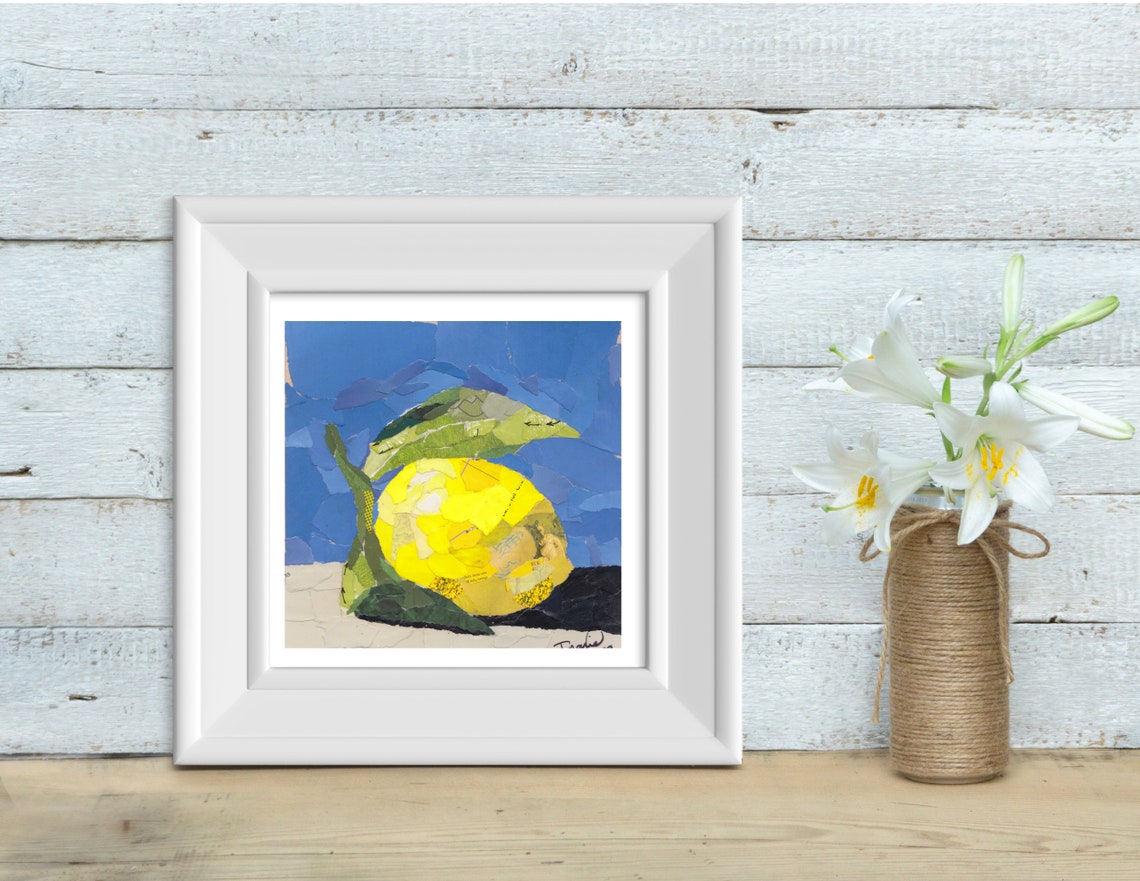 Lemon Collage Art: Upcycled Book Artwork, Royal Blue Kitchen Decor (8x8 ...