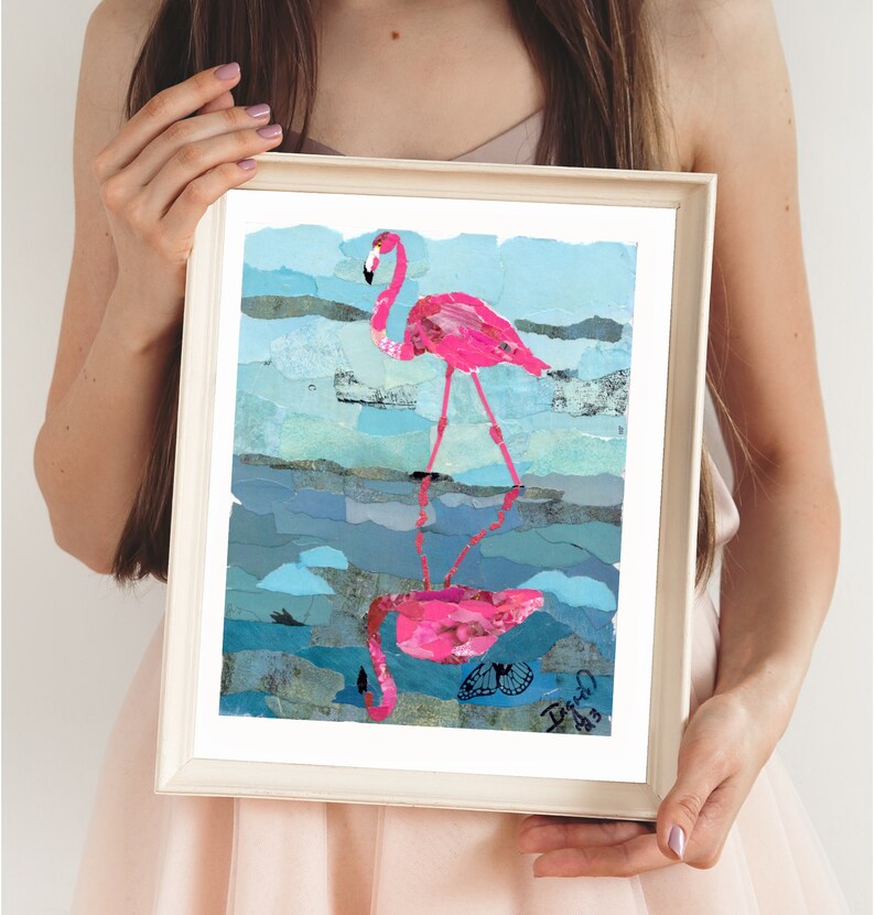 Flamingo Reflection Art: Torn Paper Collage, Recycled Book Art - Etsy