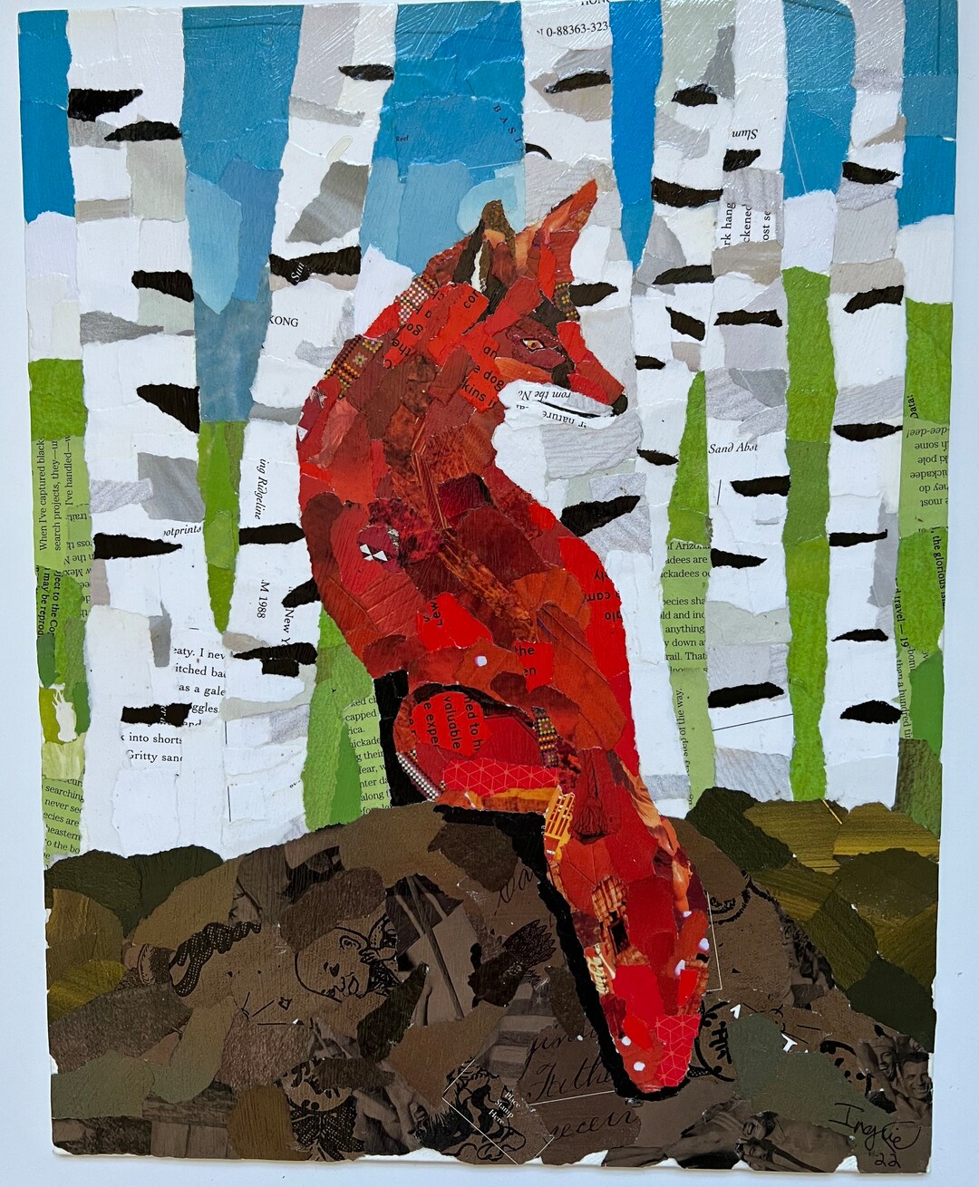 Fox on a Rock Against Birches- Torn Paper Collage- One of a Kind ...