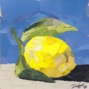 Lemon Collage Art: Upcycled Book Artwork, Royal Blue Kitchen Decor (8x8 ...