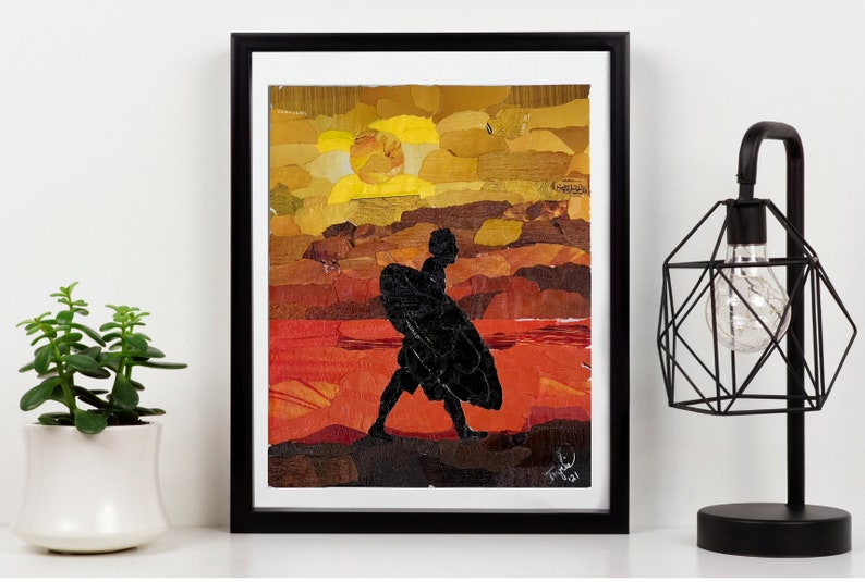 Surfer at Sunset Torn Paper Collage Perfect Gift for Beach Lover Surfer ...